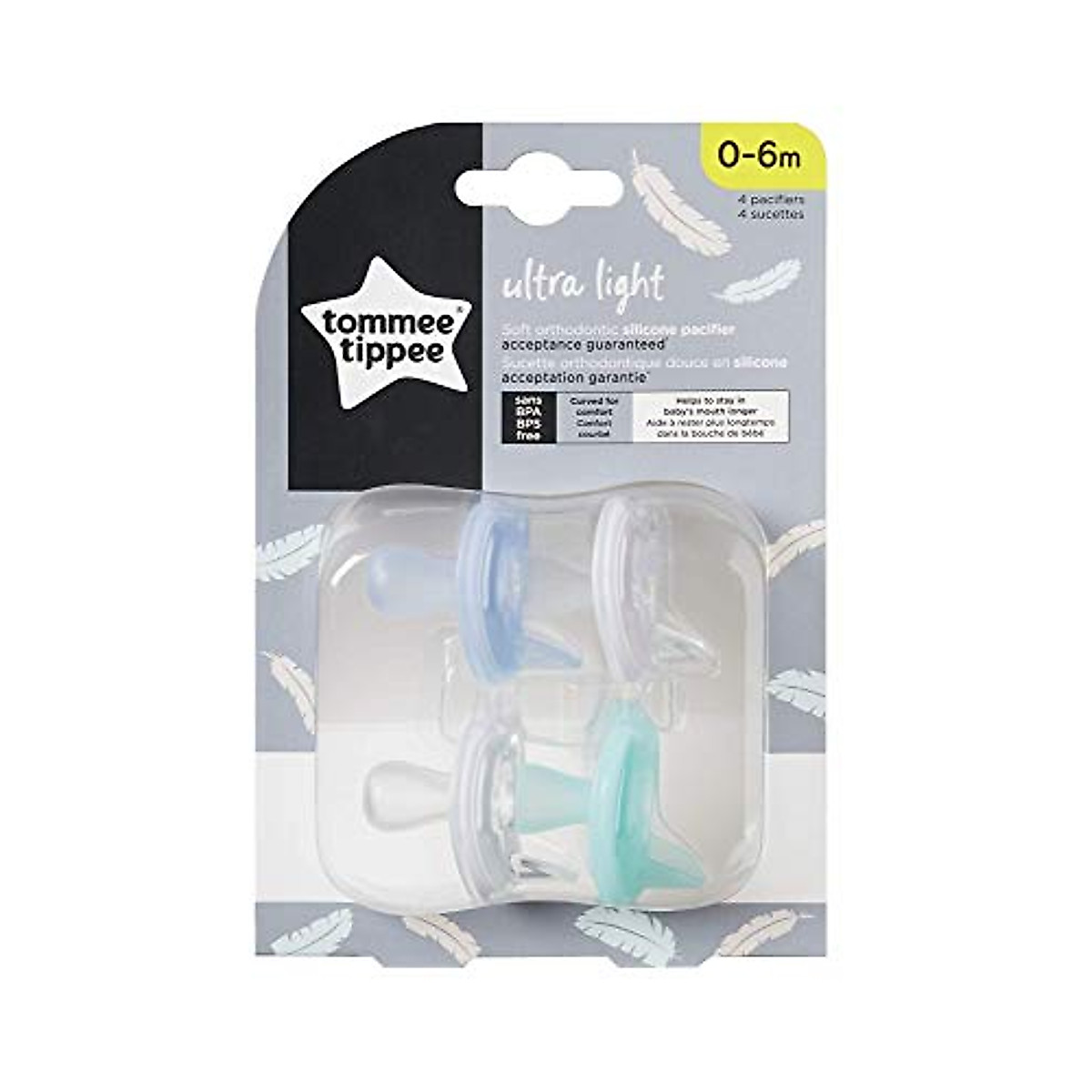 Tommee Tippee Ultra-Light Silicone Pacifier, Symmetrical One-Piece Design, BPA-Free Silicone Binkies, 0-6m, 4-Count