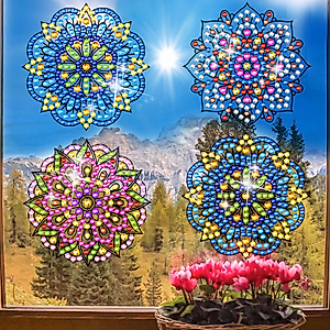 BSRESIN Diamond Art Stained Glass Window Clings with Diamond DIY Pen, 3 Pcs Mandala Window Stickers for Suncatchers, Diamond Art Kits for Adults, Diamond Art Accessories