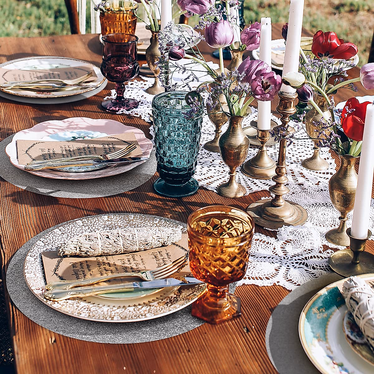 50 Pieces Silver Glitter Paper Place Mats Sparkle 14'' Round Disposable Table Mats Silver Sequin Doilies Decorative Placemats for Wedding Banquet Party Home Dining Tableware