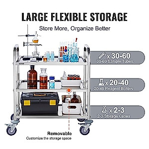 VEVOR Stainless Steel Cart, 3 Layers Lab Utility Cart 400 lbs Weight Capacity, Medical Cart with Lockable Universal Wheels, for Lab, Clinic, Kitchen, Salon