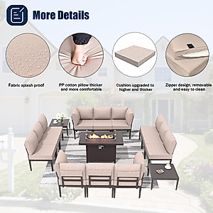 Rwnnad Modern Patio Furniture Set, 15 Pieces Modern Patio Conversation Set w/43in Gas Fire Pit Table, Outdoor Metal Sectional Sofa with Coffee Table, Sand