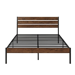 ACQCA Queen Size Bed Frame with Wooden Headboard and Footboard, Industrial Platform Bed with Heavy Duty Metal Slat Support, Under Bed Storage,Free Noise,No Box Spring Needed, Brown