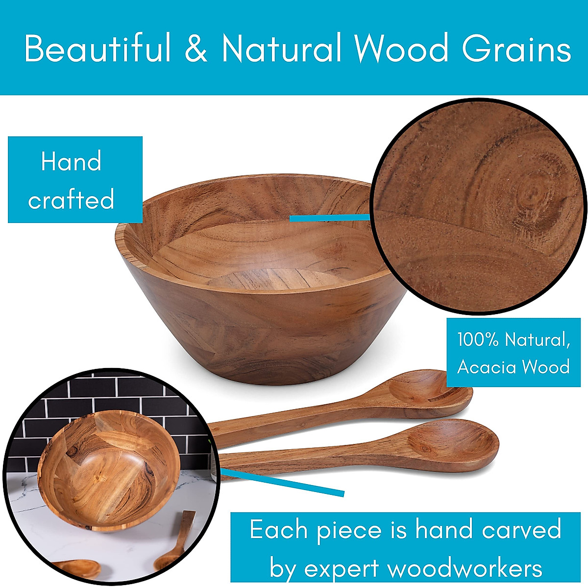 BIRDROCK HOME 3 Piece Wooden Salad Serving Bowl and Utensils | Acacia Wood Server Set | Salad, Fruit or Side Hands | Large