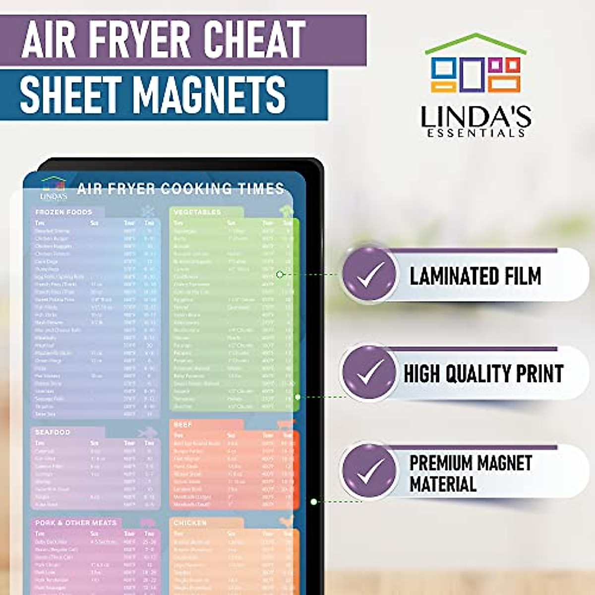 Air Fryer Magnetic Cheat Sheet Set by Linda’s Essentials - Air Fryer Cooking Times Chart Magnet, Quick Reference Guide for Cooking and Frying, Air Fryer Cooking Times Chart & Kitchen Conversions