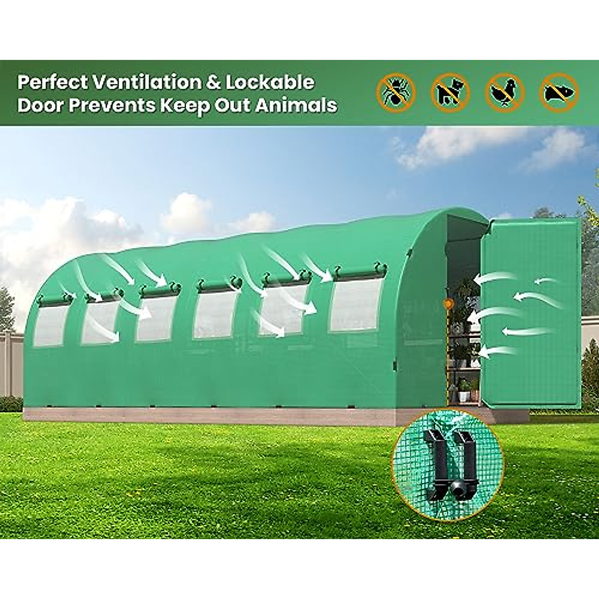 Papababe 20x10x7ft Large Walk-in Greenhouse for Outdoors with Watering System Upgraded Swing Door Tunnel Greenhouse kit,12 Windows, Ground Pegs & Film Clips, Heavy Duty Galvanized Steel Frame,Green