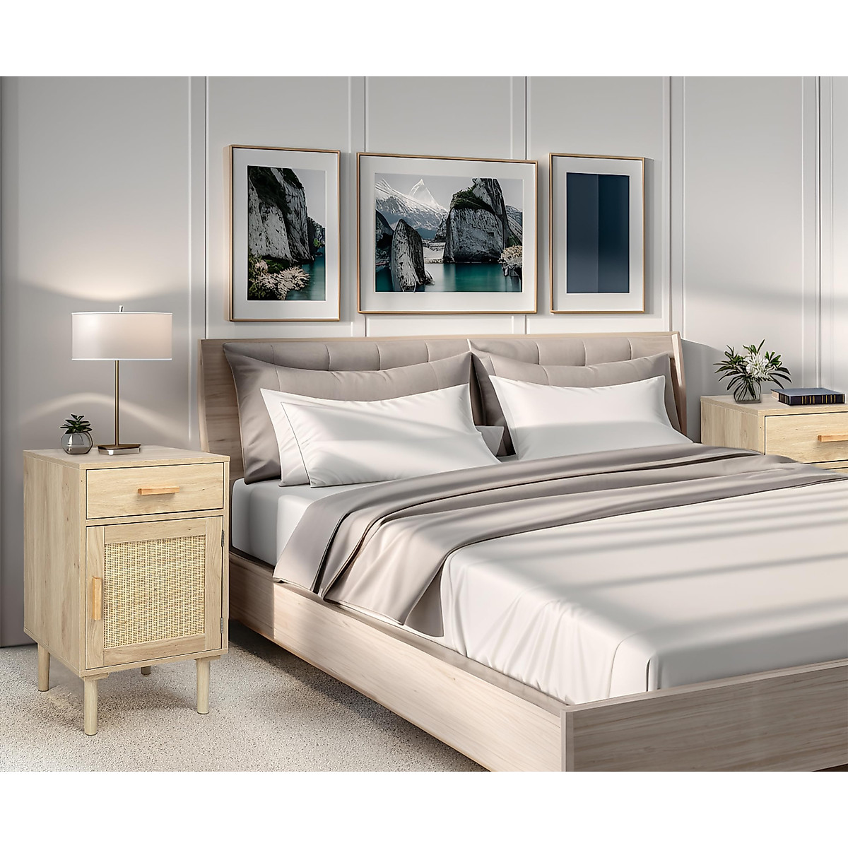 Finnhomy Tall Nightstands Set of 2, Night Stand, Bedside Table Set of 2 with Drawer and Shelf, Hand Made Rattan Decorated Doors, Nightstands with Storage for Bedroom, Natural, 2 Pack