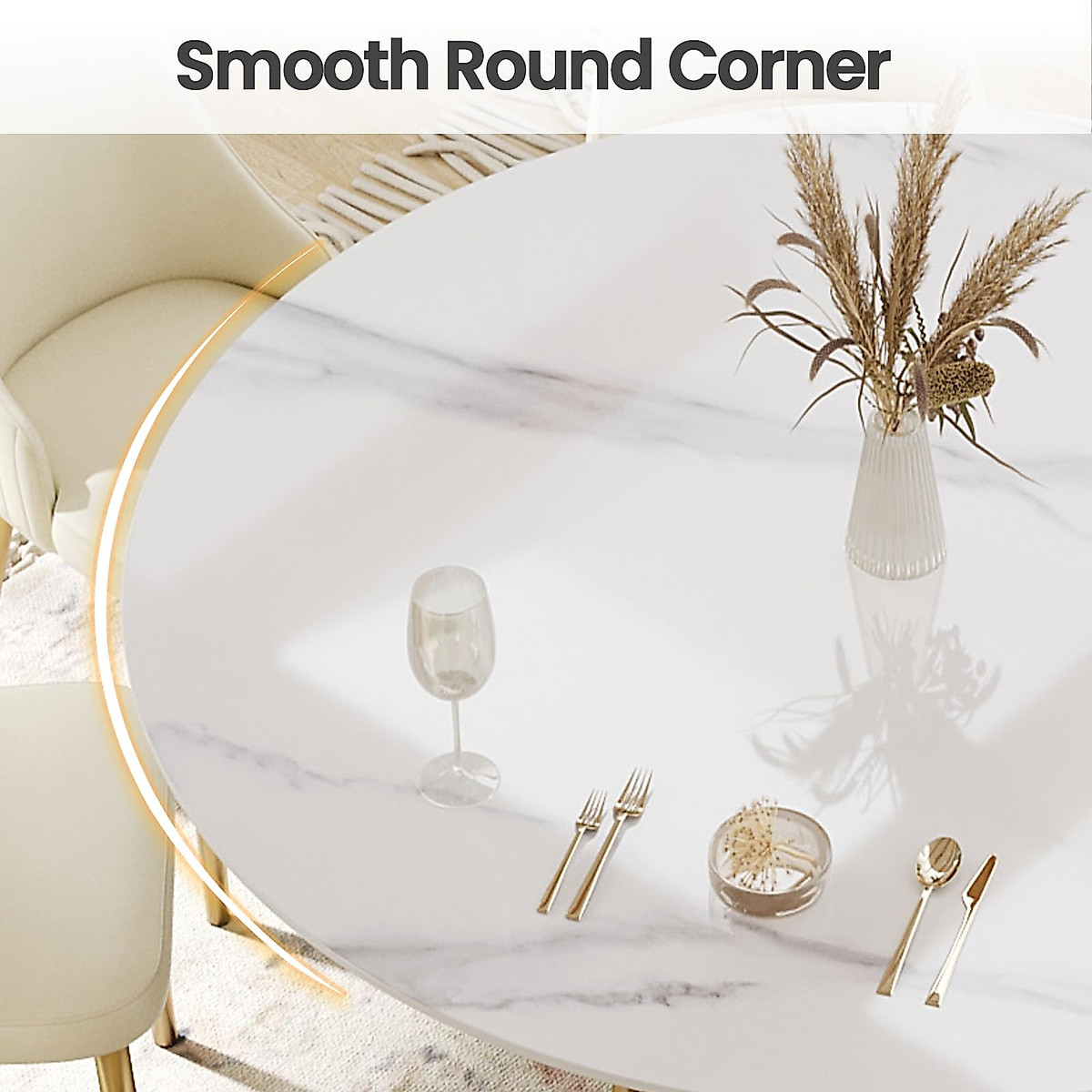 53'' Round Marble Dining Table for 4, Modern White Sintered Stone Top Kitchen Table for Dining Room,Faux Marble Circle Dining Table with Solid Wood Panel Pedestal,Wrapped in PU Leather(Only Table)