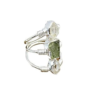 Natural Crystal & Moldavite Gemstone Ring, 925 Sterling Silver Ring, Raw Moldavite Ring, Handmade Ring, Shungite Ring, Birthstone Ring, Statement Ring, Gift for Mom, Rough Gemstone Ring, White