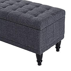 HOMCOM Storage Ottoman, Linen Fabric Button Tufted Storage Bench with Soft Close Lid for Living Room, Entryway or Bedroom, Dark Gray