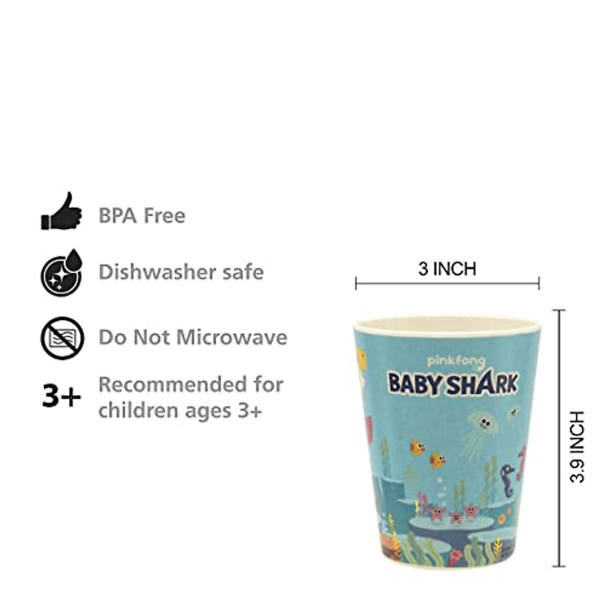 Zak Designs Baby Shark Dinnerware Set for Kids Includes 8" Plate, 6" Bowl, and 10oz Tumbler, Durable and Sustainable Melamine Bamboo Material (3-Piece Set)