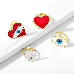 Caiyao 1/4Pcs Drop Oil Heart Evil Eye Enamel Ring Statement Peach Big Love Blue Eye Bless Ring Inspirational Turkish Hamsa Adjustable Open for Women Charm Protection Jewelry-D white