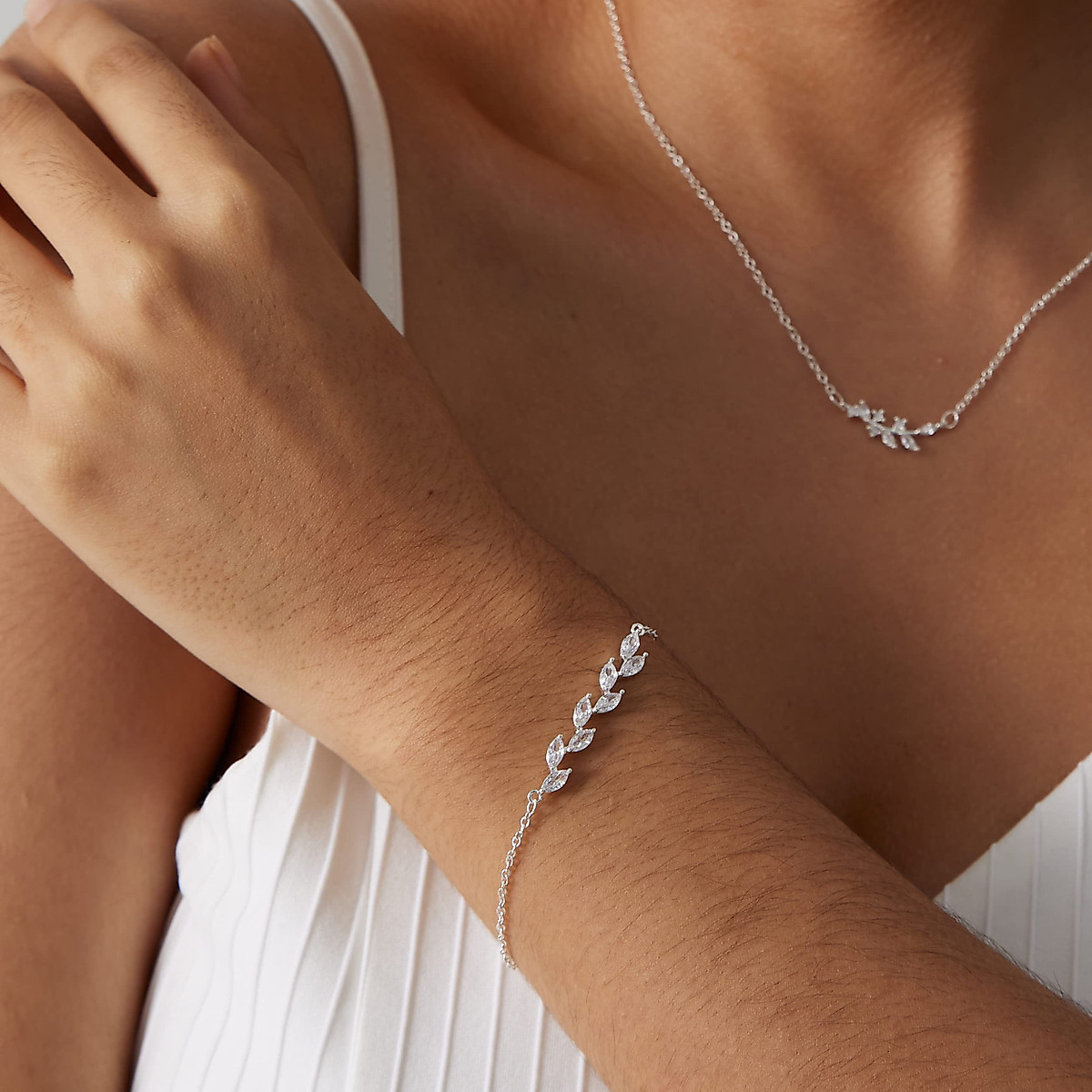 BERISO Dainty Bracelets for Women Shiny Silver Plated Tiny Cubic Zirconia Leaf Bracelets Minimalist Personalized Adjustable CZ Leaves Shining Bracelet Fancy