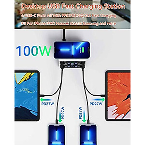 USB Charging Station, 100W 8-Port Charging Station for Multiple Devices with 4 QC3.0+4 USB C PD Ports, Wireless Charger, Multi Fast Charging Hub USB C Charging Station for iPhone,Samsung, iPad