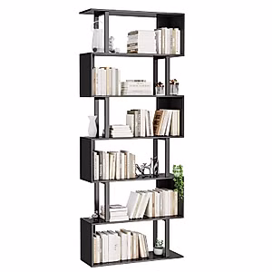 Gadroad 6 Tier Geometric Bookcase, Black Book Shelves, Modern Corner Bookcase Storage Shelf Wood for Bedroom, Living Room, Home Office, Black