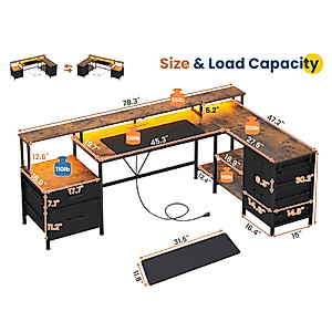 UPOSOJA L Shaped Gaming Desk with Power Outlet, 78" Reversible Corner Computer Desk with File Drawers & LED Strip, Home Office Desk with Storage Shelves Monitor Shelf CPU Stand Mouse Pad Brown