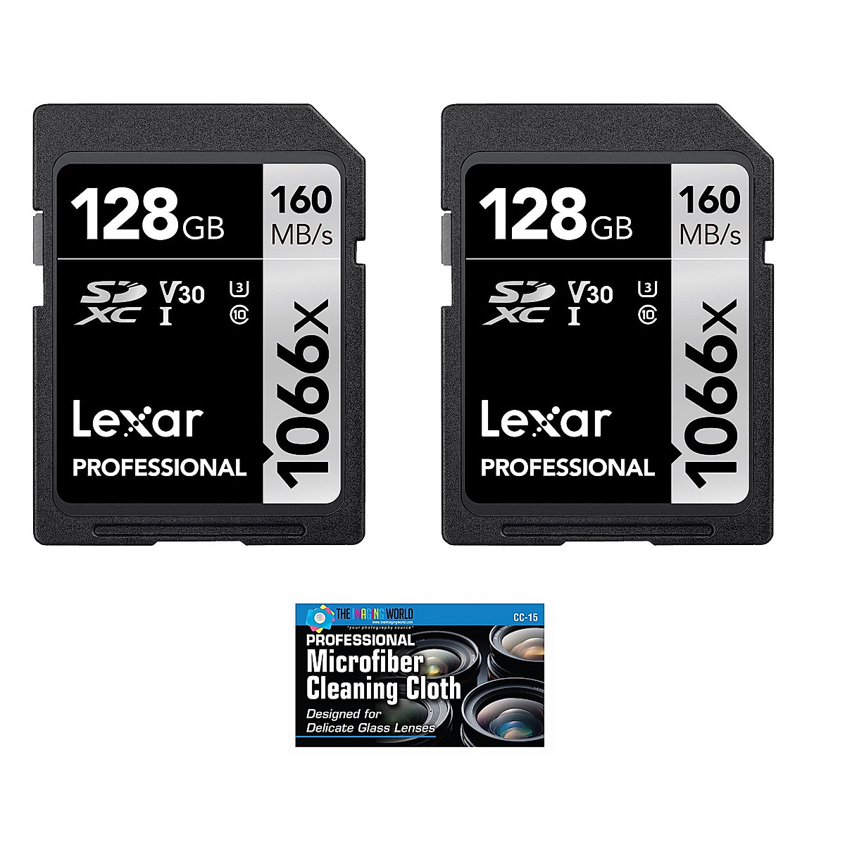 Lexar 128GB Professional 1066x SDXC Class 10 UHS-I Memory Card 2-Pack Bundle with Microfiber Cloth
