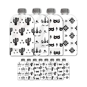 Hippypotamus Reusable Baby Food Pouches - 12 Pack - Baby Food Storage - Pouches Toddler - Refillable Squeeze Pouch for Kids (BLACK/WHITE)