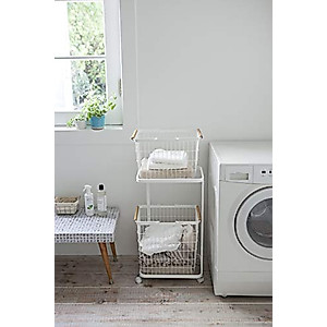 Yamazaki Home Laundry Basket Wagon-Large Storage Hamper Organizer | Steel + Wood | Short | Rolling Carts, White