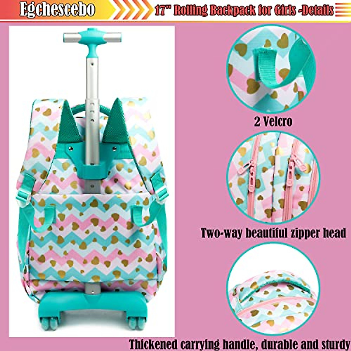Egchescebo Girls Rolling Backpacks with Wheels 3PCS Heart Backpack Set for School Wheeled Luggage Suitcase Lunch Box Pencil Case Large Capacity Bookbag Adjustable Trolley for Elementary Travel Pink