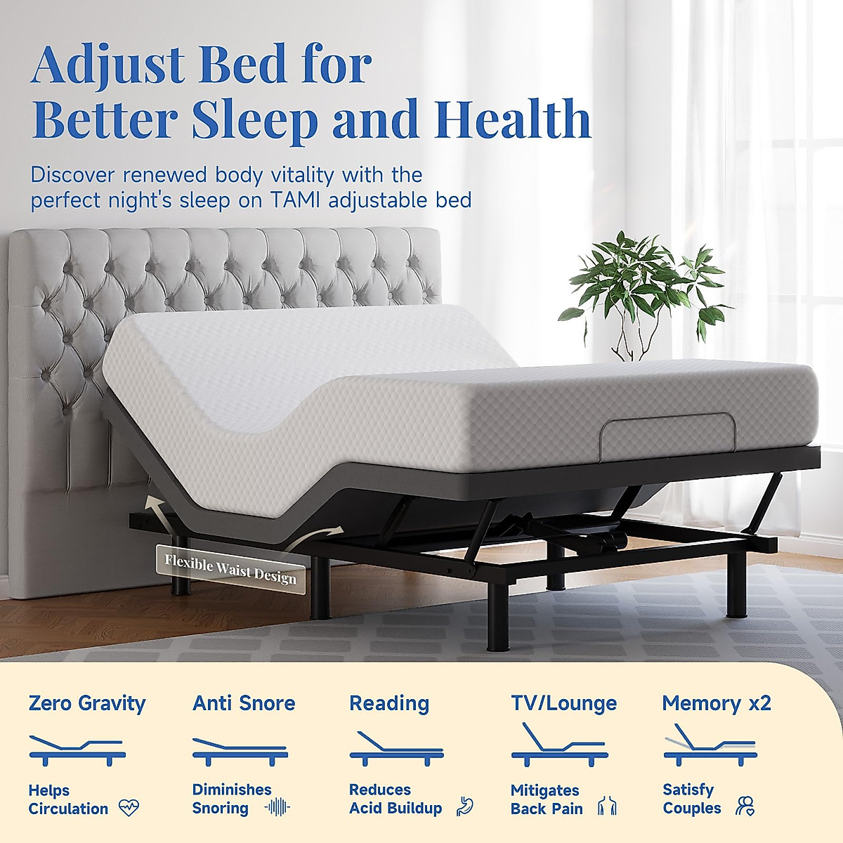Tami Tami T600 Adjustable Bed Frame Split King Size with Remote & Massage - Syncable Electric Beds Bases w/Zero Clearance, Zero Gravity, Dual Side USB, Nightlight, Quiet Motor, 5 Min Easy Assembly