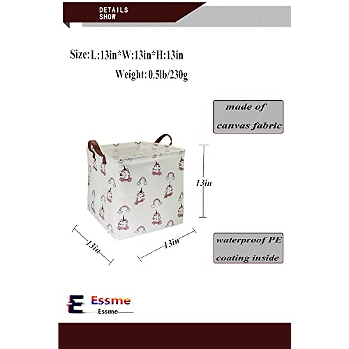 ESSME 3PACK Square Storage Bin,Cotton Fabric Laundry Baskets,Collapsible Waterproof Toy Storage Bin with Handles for Family Storage,Shelf Baskets,Bedroom(Rainbow Unicorns)