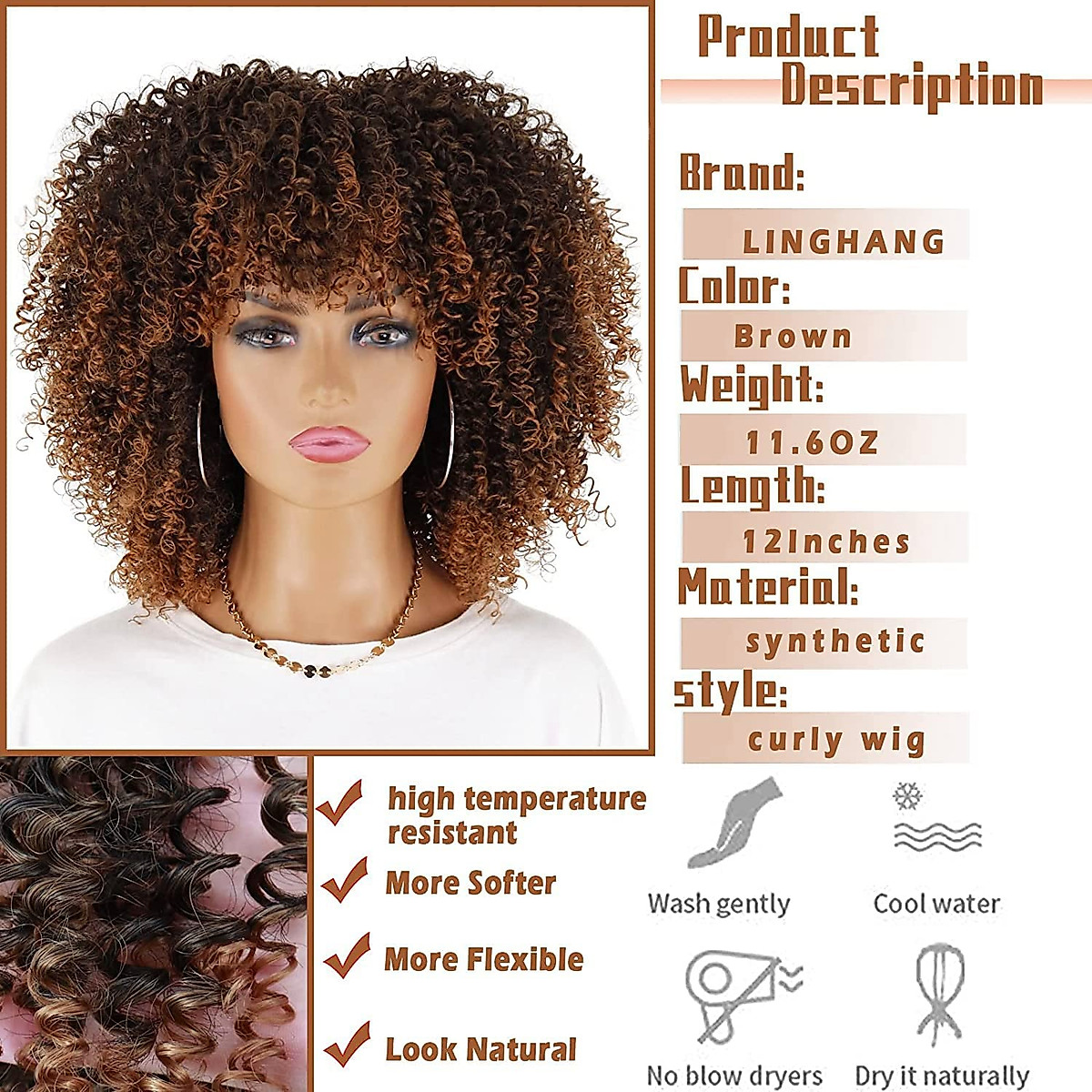 LINGHANG Short Curly Afro Wigs with Bangs for Black Women, Brown Afro Kinky Curly Wigs for Black Women Synthetic Heat Resistant Fluffy Brown Wigs (Ombre Brown)