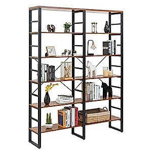 Tangkula Bookshelves and Bookcases, 80 Inch Double Wide 6 Tier Bookshelf, Industrial Vintage Large Etagere Bookshelf, Open Display Shelves with Metal Frame for Home Office (60'' L x 13.5'' W x 80" H)