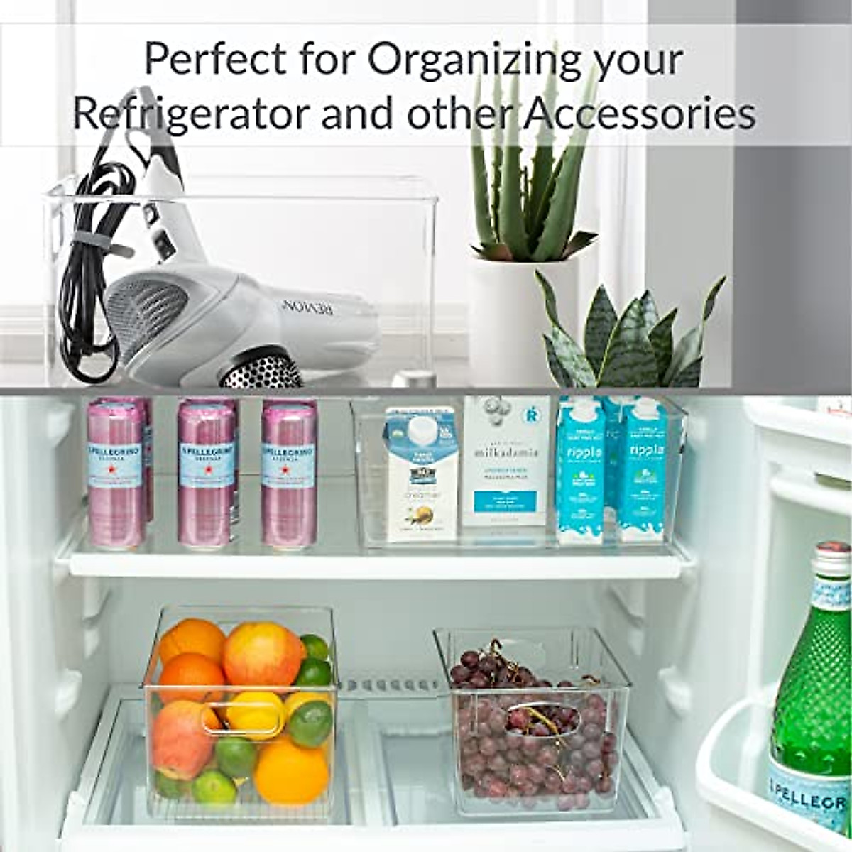 Simplify Large Bin | Multi-Purpose | Cabinet & Refrigerator Storage | Bathroom | Office | Carrying Handles | Transparent Clear Vertical Stripe Organizer