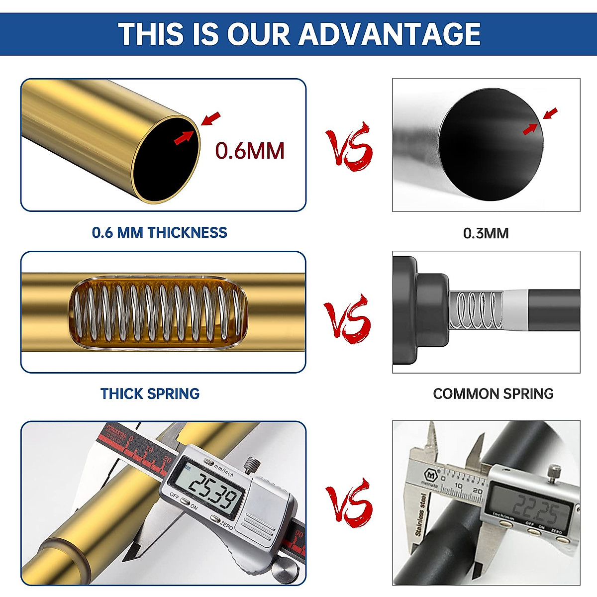 EBOATOP Shower Curtain Rod Tension- Never Rust No Drill Non-Slip Spring Tension Shower Rod, 43-73 inches Metal Steel, Gold