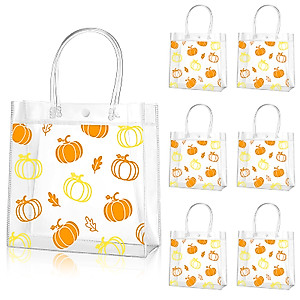 Aliceset 12 Pcs Clear Fall Pumpkin Gift Bag with Handles Pumpkin Party Plastic Favor Bag Fall Treat Bag Bulk Halloween Goodie Bag for Thanksgiving Day Fall Party Favor, 8 x 8 x 3.15 Inch(Orange)