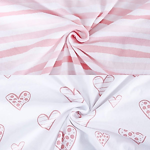 Biloban Crib Sheets Fitted, 2 Pack Crib Sheet Fits for Standard Crib and Toddler Mattress, 100% Jersey Knit Cotton Crib Sheet for Baby Boys & Girl, Pink Heart Stripes