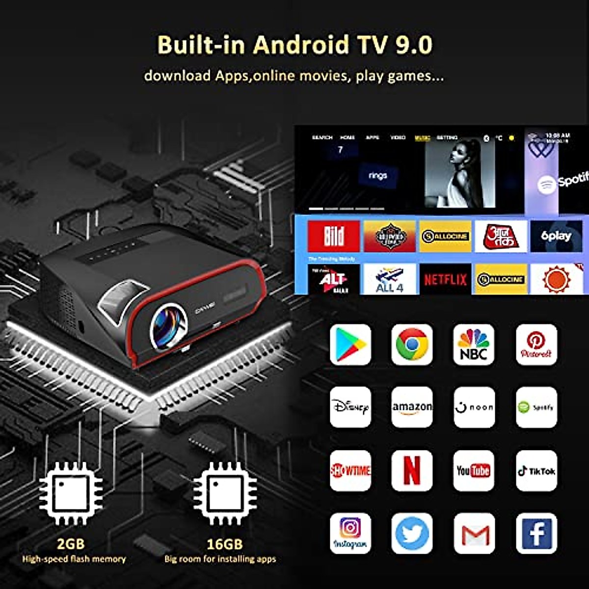 CAIWEI A12+ Smart 4K Projector Daylight with 5G WiFi Bluetooth, 1100ANSI Lumen Native 1080p Outdoor Movie Projector Home Theater Support 8000+Apps with HDMI LAN Input