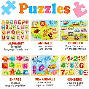 Puzzles for Kids Age 2-4 with Rack and Wooden Clock, 6 Pack Wooden Peg Puzzles for Toddlers with Storage Holder Rack, Educational Toys - Alphabet Number Animal Vehicle Shape