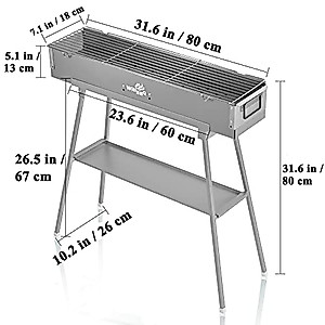 WILLBBQ Commercial Quality Portable Charcoal Grills Multiple Size Hibachi BBQ Lamb Skewer Folded Camping Barbecue Grill for Garden Backyard Party Picnic Travel Home Outdoor Cooking Use(31.6x7.1x5.1 inch)