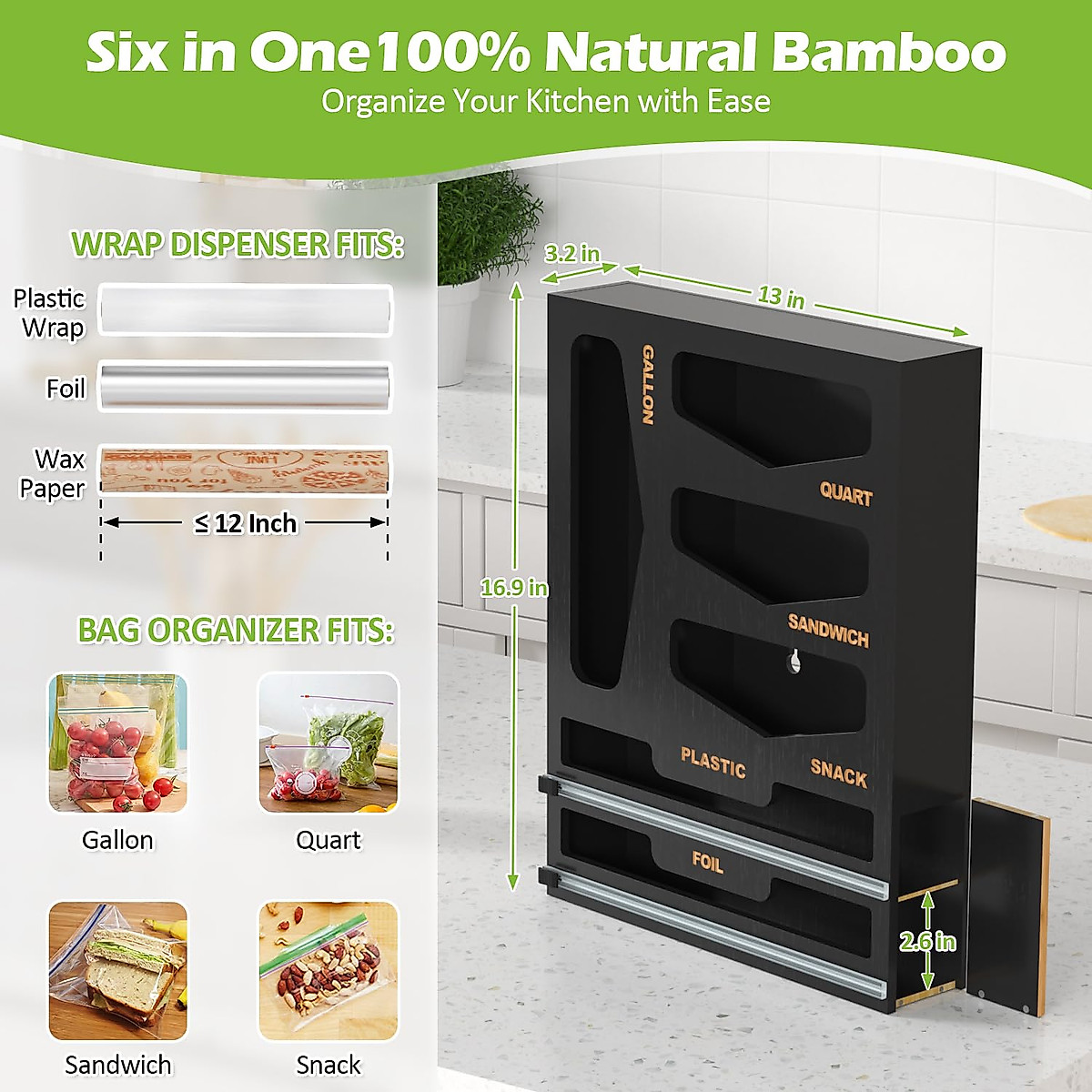 LUYABA 6 in 1 Bag Organizer and Wrap Dispenser with Magnetic Lid - Plastic Wrap Dispenser with Cutter for Kitchen Drawer, Storage for Gallon, Quart, Sandwich, Snack Bags, and Foil Black