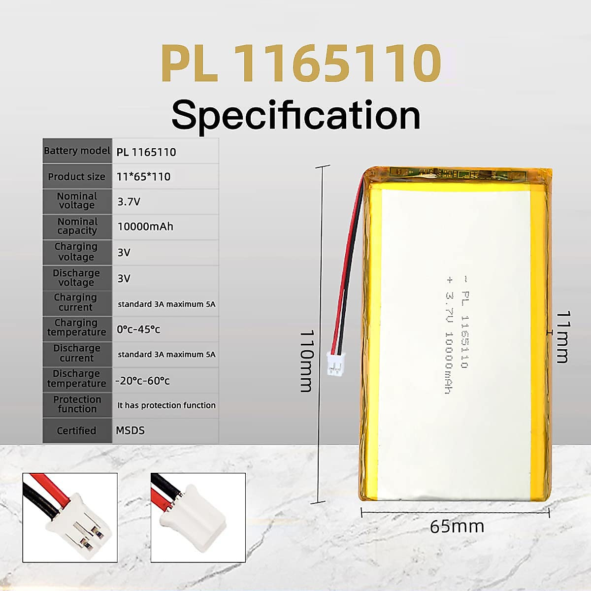 AKZYTUE 3.7V 10000mAh 1165110 Lipo Battery Rechargeable Lithium Polymer Ion Battery with PH2.0mm JST Connector