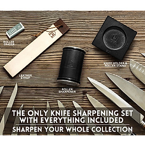 Black Roller Sharpener for Knives with Leather Strop - Knife Sharpener Kit with 15, 17, 20 & 22 Degree Angles - Roller Knife Sharpening System Stand, Holder & Eraser