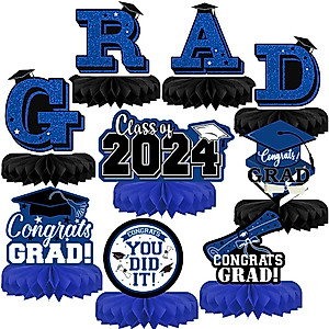 AKEROCK Graduation Decorations Class of 2024, 9Pcs Honeycomb Table Graduation Centerpieces for Graduation Party Decorations, Table Toppers Graduation Decor - Graduation Party Supplies(Blue, Black)