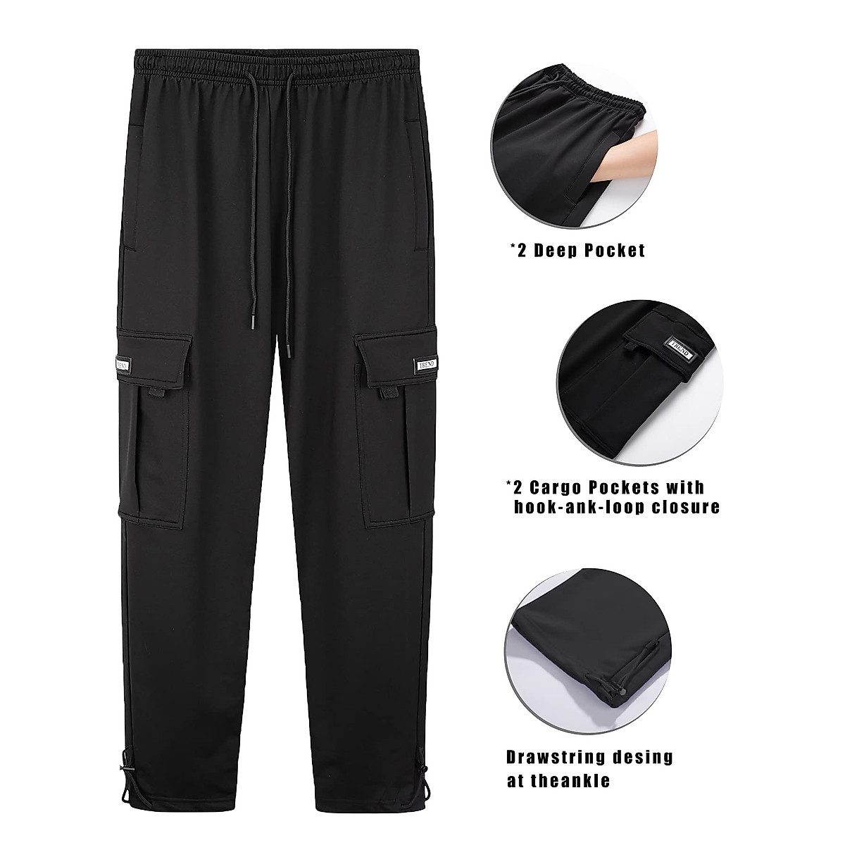 GYMBULLFIGHT Men's Cargo Sweatpants Loose Fit Pants Joggers for Men with Pockets, Open Bottom Drawstring Black