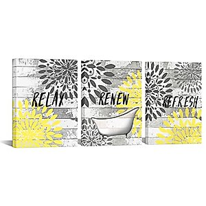 3 Pieces Yellow Relax Bathroom Wall Art Prints Dahlia Flowers Relax Refresh Renew Signs on Rustic Wood Background Stretched and Framed Canvas Pictures For Bedroom Living Room Ready To Hang Each Panel 12x16inch (Small)