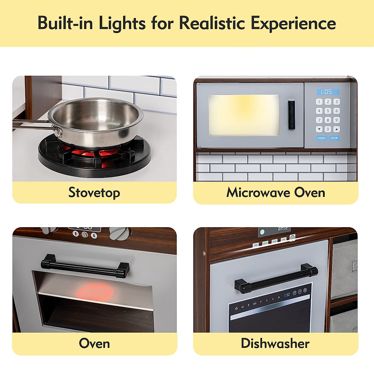 BRINJOY Corner Play Kitchen for Kids, Wooden Toddler Kitchen Playset w/Faucet, Sink, Microwave, Oven, Apron, Blackboard, Storage Cabinets, Pretend Cooking Toys w/Sound & Light Gift for Ages 3+