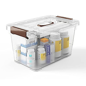 WYT 7-Quart Clear Plastic Storage Latch Box/Bins, 3-Pack Storage Organizer Box with Brown Latching Handle and Lid, 7-Litre
