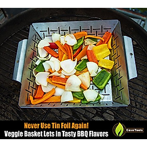 Cave Tools Vegetable Grill Basket - Large Non Stick BBQ Grid Pan for Vegetables, Meat, Fish, Shrimp, & Fruit - Dishwasher Safe Stainless Steel - BBQ Grill Accessories