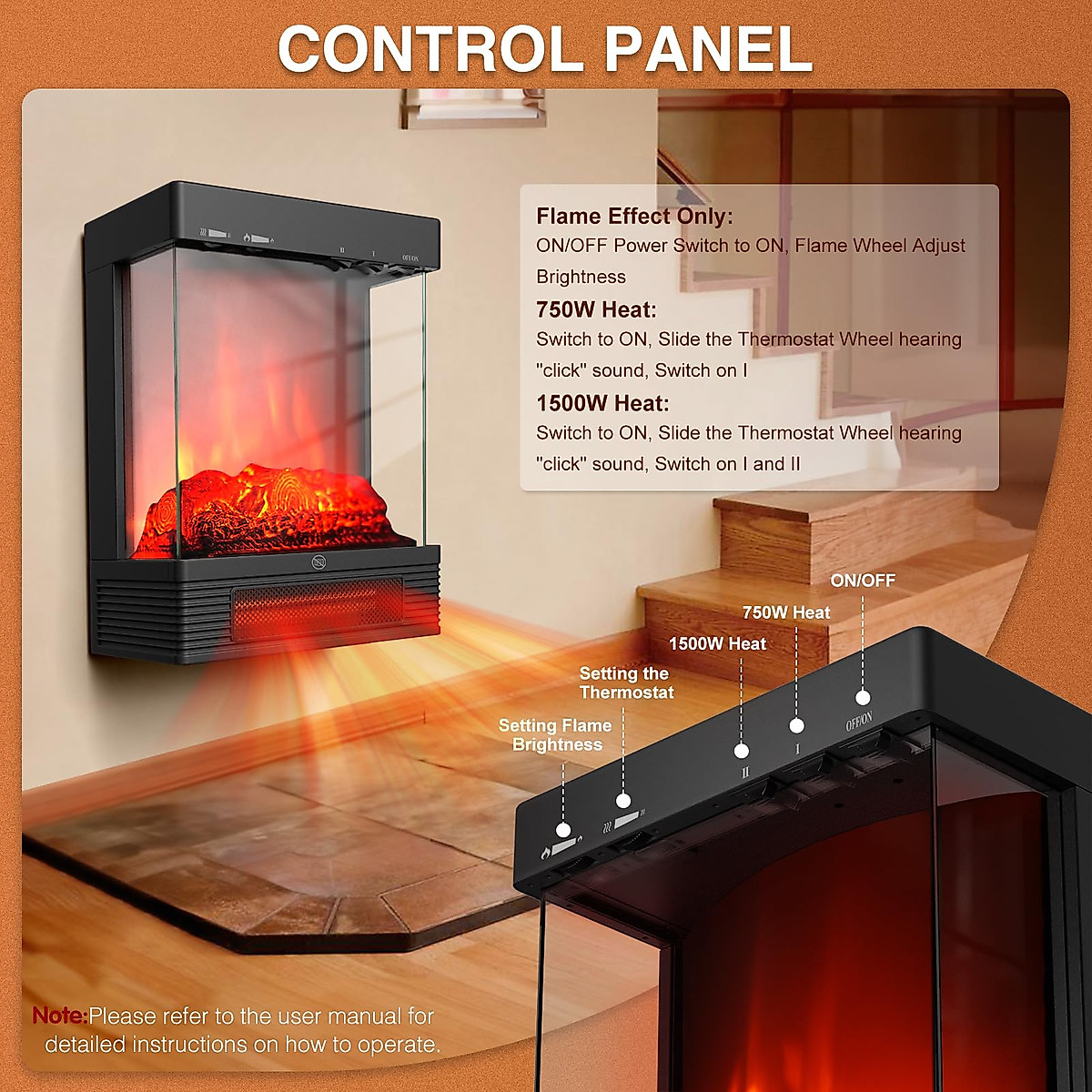 Electric Fireplace Stove, 1500W Wall Mountable Fireplace Heater Freestanding with 3-Sided View, 3D Flame Effect, Adjustable Brightness & Heating Mode, Overheat Protection, Thermostat(Upgraded)