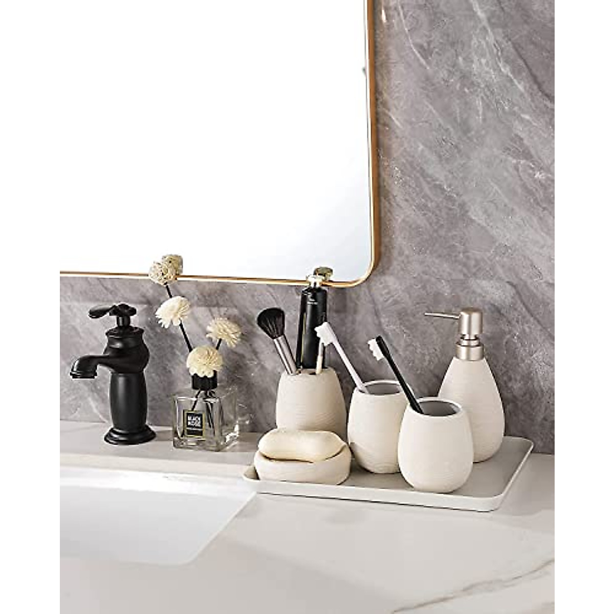 BLBYHO 6 Pieces Textured Ceramic Beige Bathroom Accessory Set, Farmhouse Bath Vanity Countertop Accessory Set, Include Soap Dispenser, Toothbrush Holder, 2 Tumbler, Soap Dish…