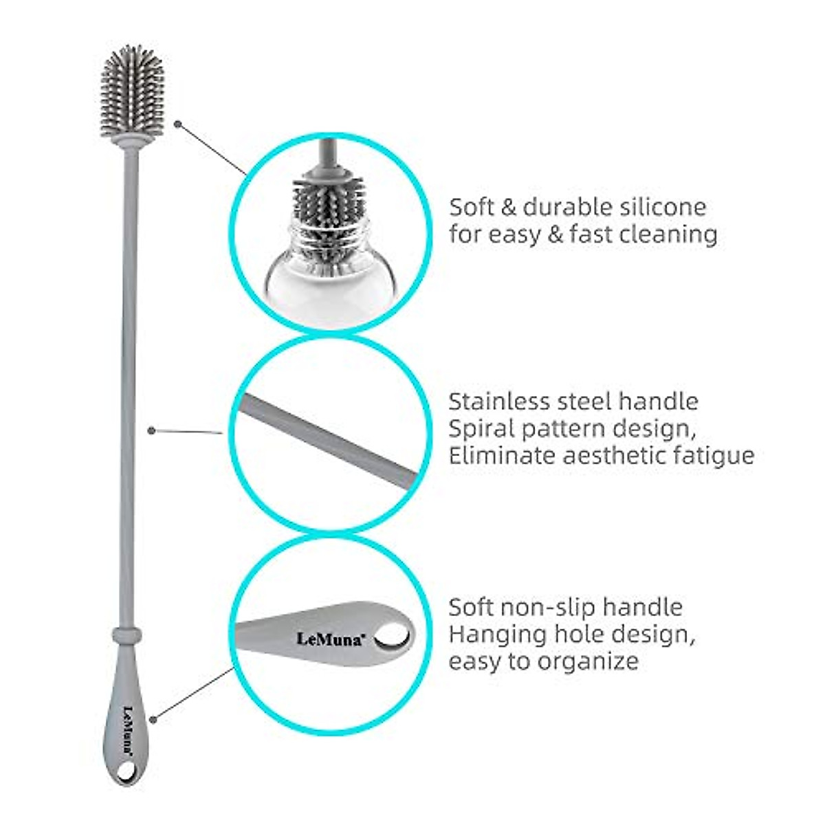 LeMuna Silicone Bottle Brush, Water Bottle Cleaner Brush Set with Straw Brush for Narrow Neck Containers, Hydro Flask, Sports Bottle, Glassware