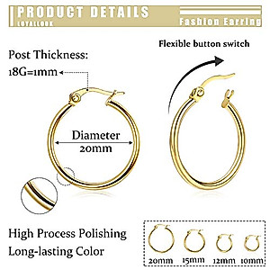 LOYALLOOK Gold Hoop Earrings Stainless Steel Rounded Small Hoop Earrings Set for Women Cute Huggie Earrings Nickel Free 10/12/15/20MM