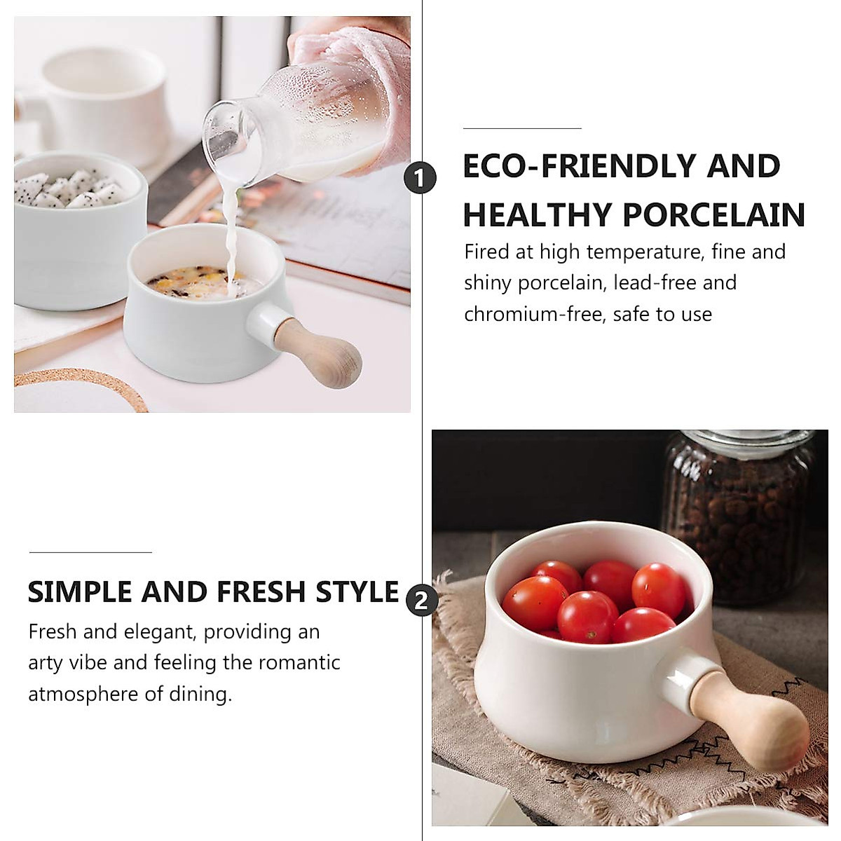 Cabilock Enamel Milk Pot Noodle Bowl Non-Stick Mini Saucepan Butter Warmer with Wooden Handle Small Cookware for Home kitchen Supplies Dessert Cereal Salad Fruit (White About 380ML)