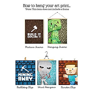 Mining Away - Pixel Video Game Craft Miners Room Wall Hanging Art Prints Decor Poster Sign Pictures Bedroom (Set of Six)