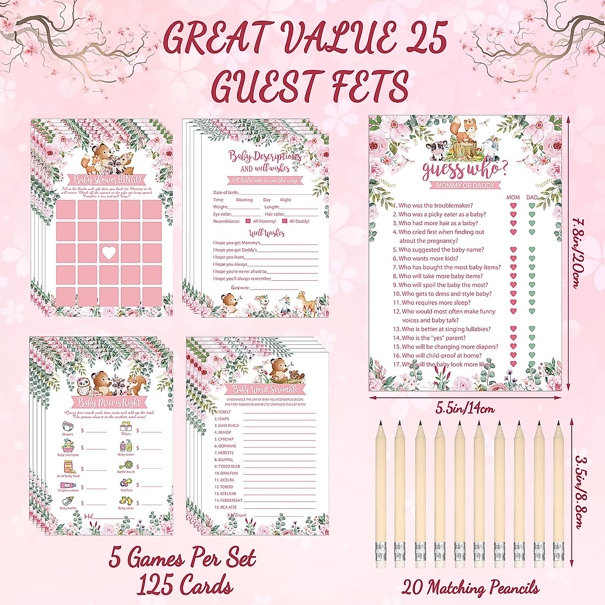 145 Pieces Woodland Baby Shower Game Floral Forest Animals 5 Games Set Funny Baby Shower Games Activities with 20 Pencils for Girls Boys Include Baby Descriptions and Wishes, Guess Who, Bingo Game